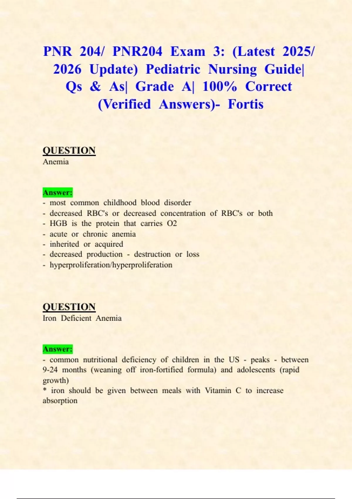 PNR 204/ PNR204 Exam 3: (Latest 2025/ 2026 Update) Pediatric Nursing ...
