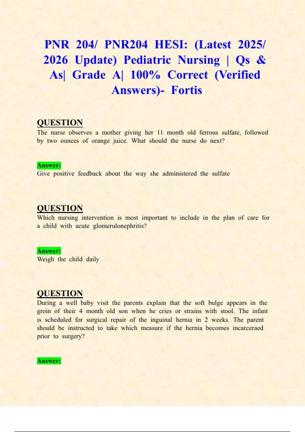 PNR 204/ PNR204 HESI: (Latest 2025/ 2026 Update) Pediatric Nursing | Qs ...