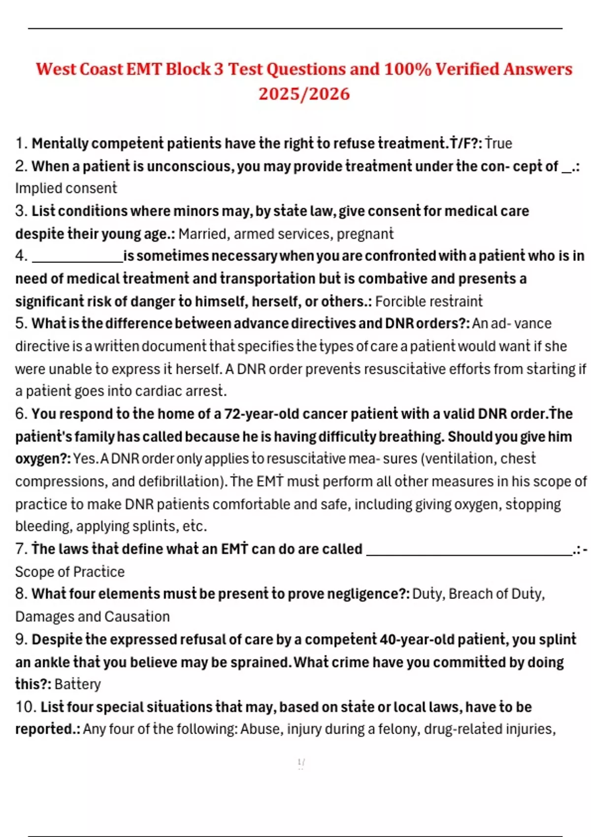 West Coast EMT – Block Exam #3 – 100% Verified Questions and Answers ...