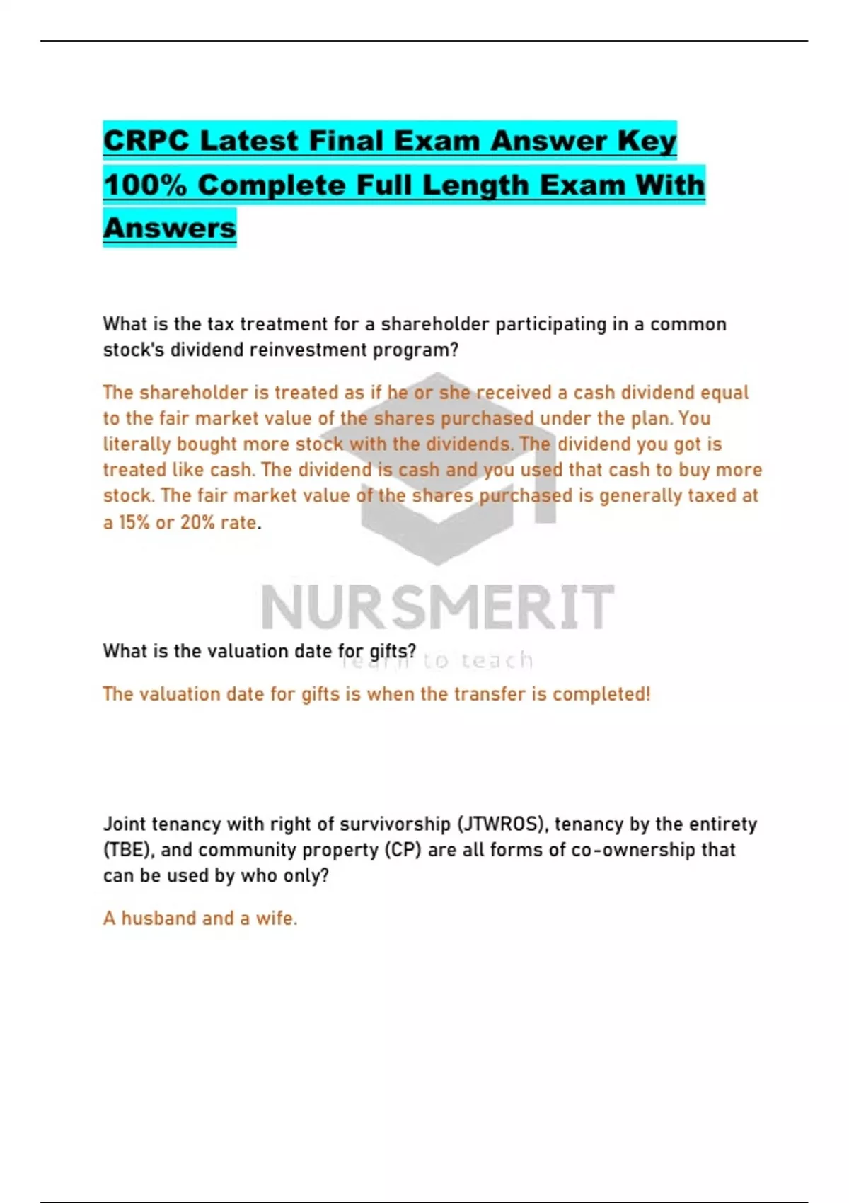 CRPC Latest Final Exam 2025 Answer Key 100% Complete Full Length Exam ...