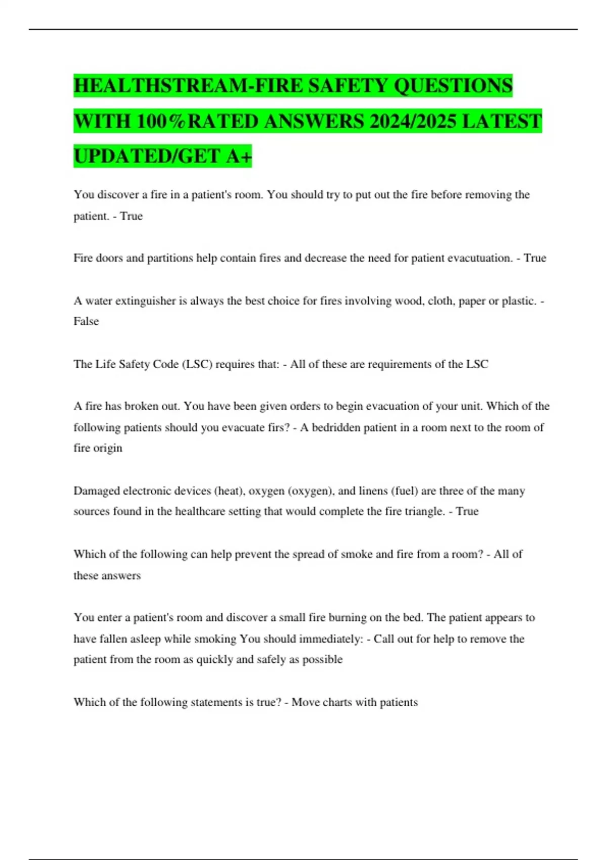 HEALTHSTREAM-FIRE SAFETY QUESTIONS WITH 100%RATED ANSWERS 2024/2025 ...