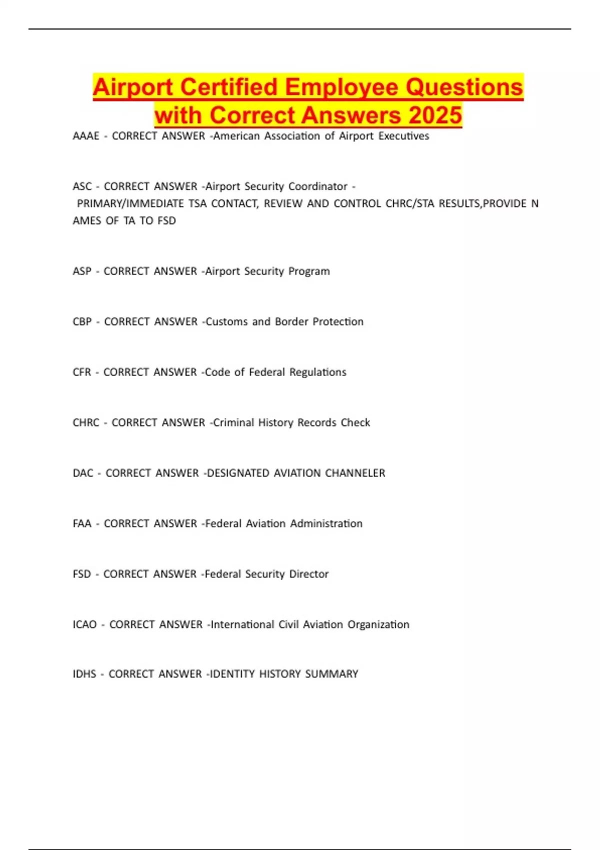 Airport Certified Employee Questions with Correct Answers 2025 - AAAE ...