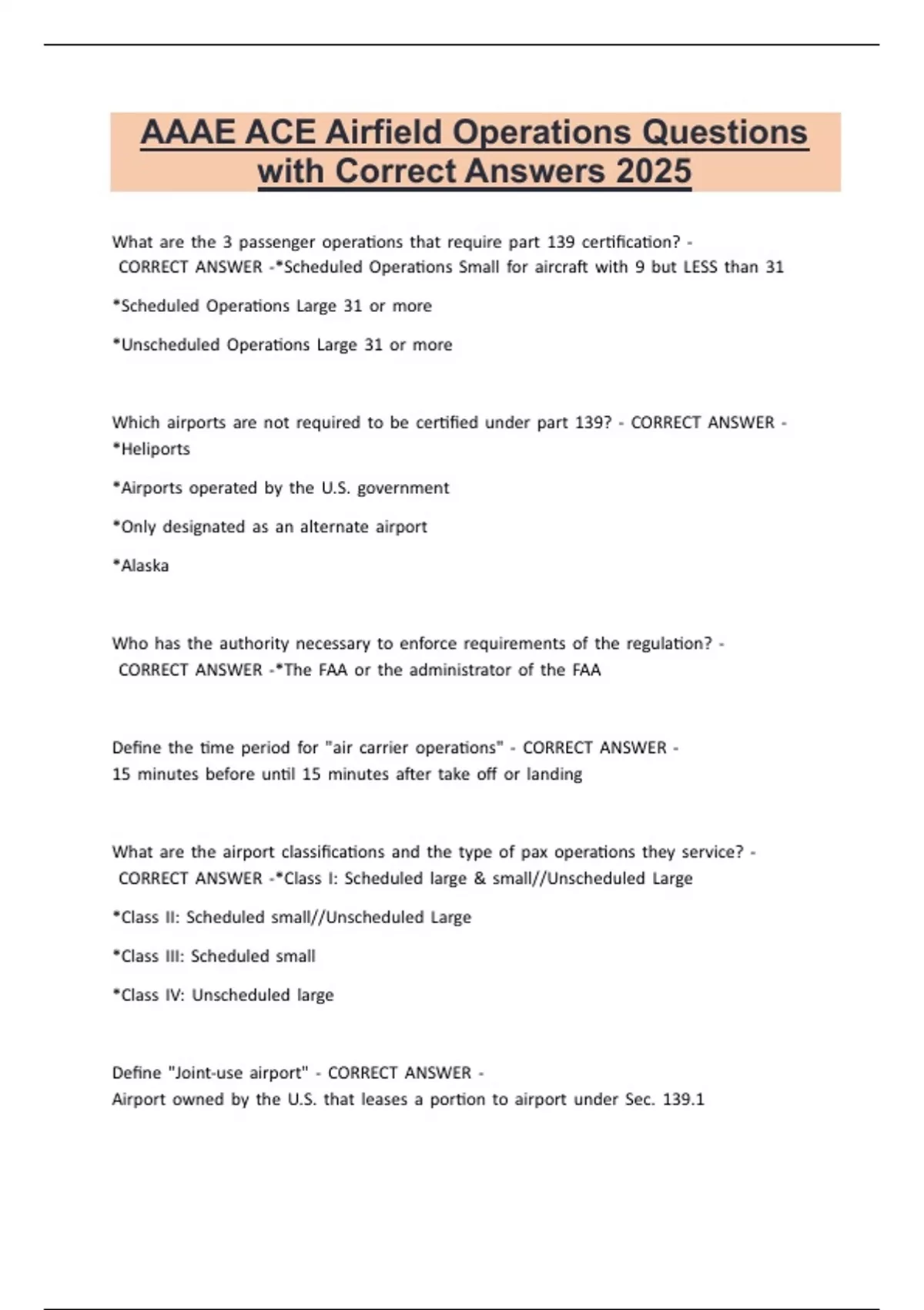AAAE ACE Airfield Operations Questions with Correct Answers 2025 - AAAE ...