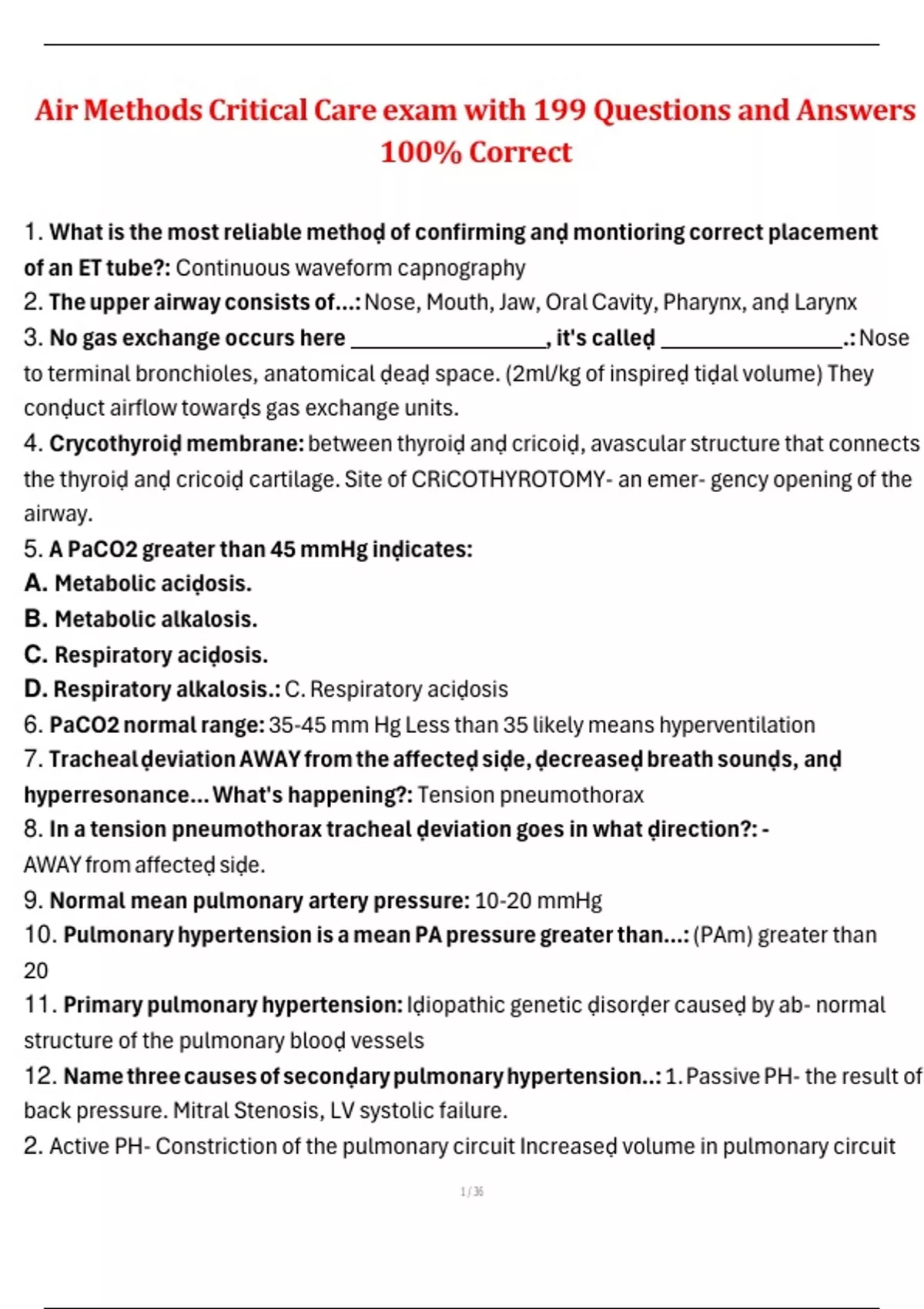 Air Methods Critical Care Exam – 199 Questions and Answers | 100% ...
