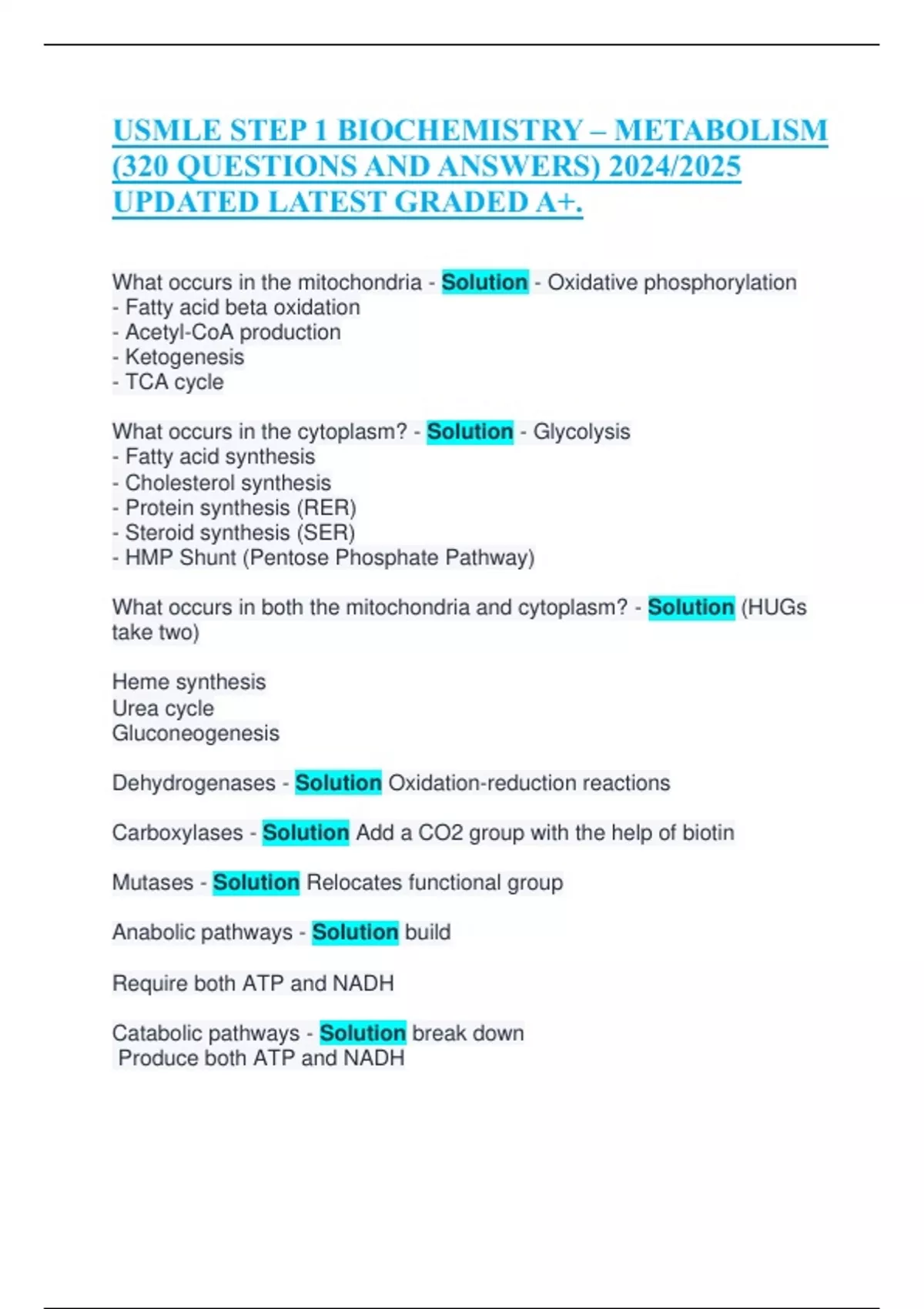 USMLE STEP 1 BIOCHEMISTRY – METABOLISM (320 QUESTIONS AND ANSWERS) 2024 ...