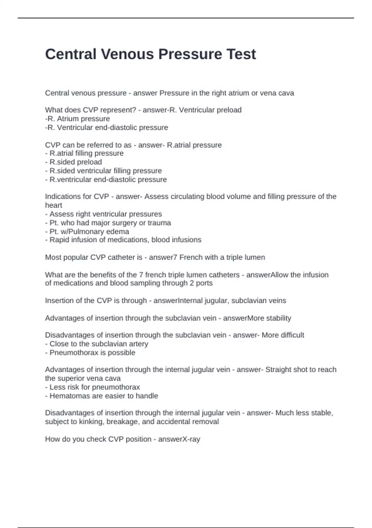 Central Venous Pressure Test Questions with Correct Answers - Central ...