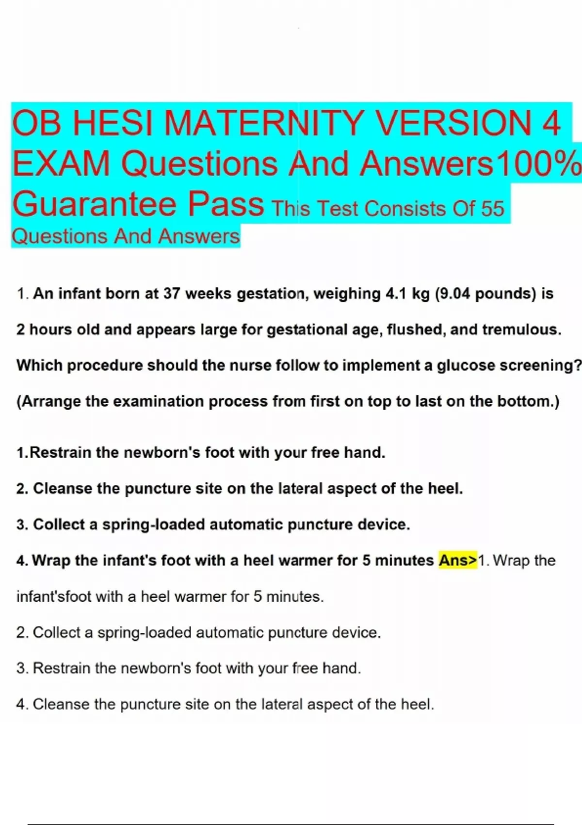 OB HESI MATERNITY VERSION 4 EXAM Questions And Answers100% Guarantee ...