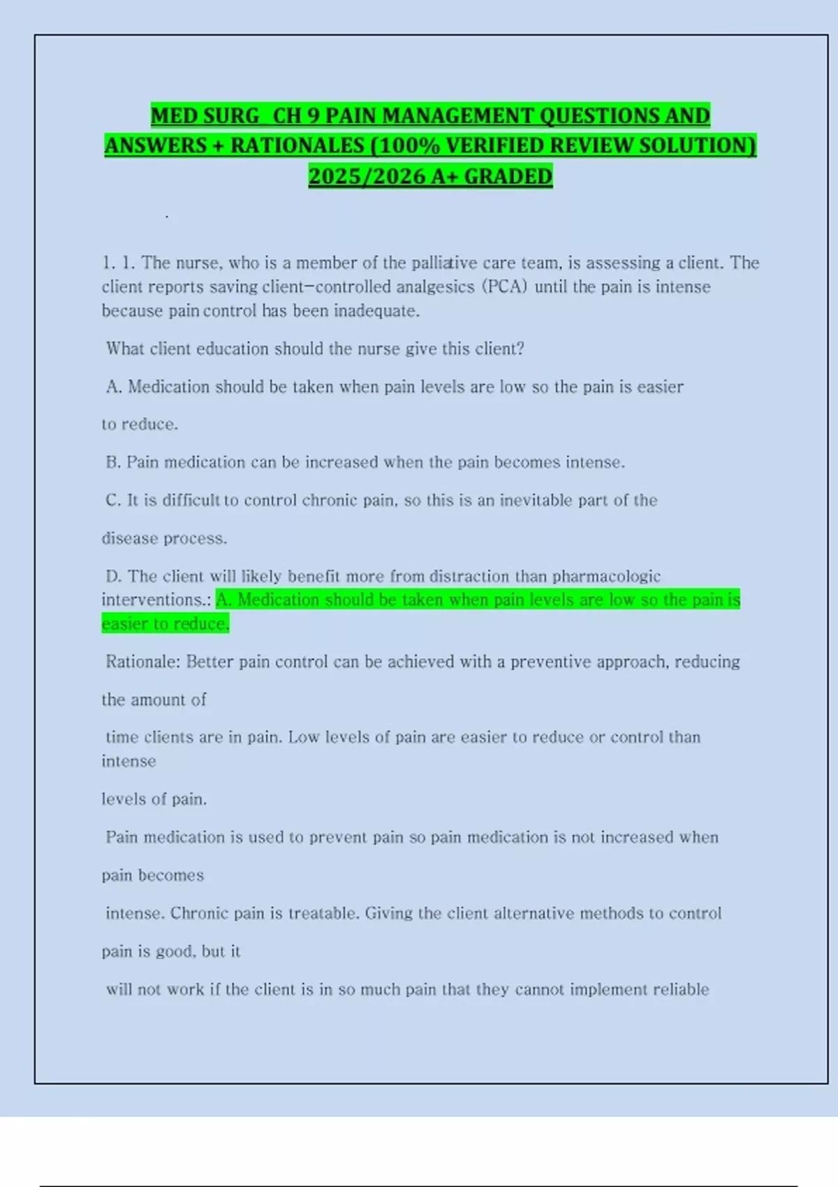 MED SURG_ CH 9 PAIN MANAGEMENT QUESTIONS AND ANSWERS + RATIONALES (100% ...