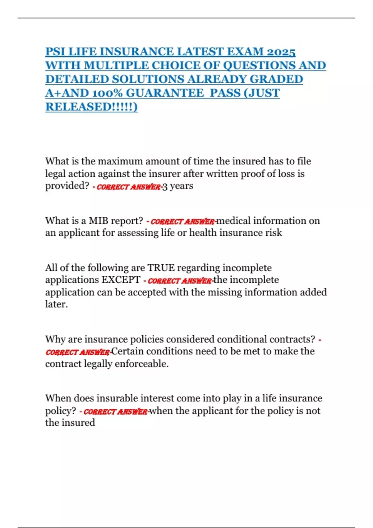 PSI LIFE INSURANCE LATEST EXAM 2025 WITH MULTIPLE CHOICE OF QUESTIONS ...