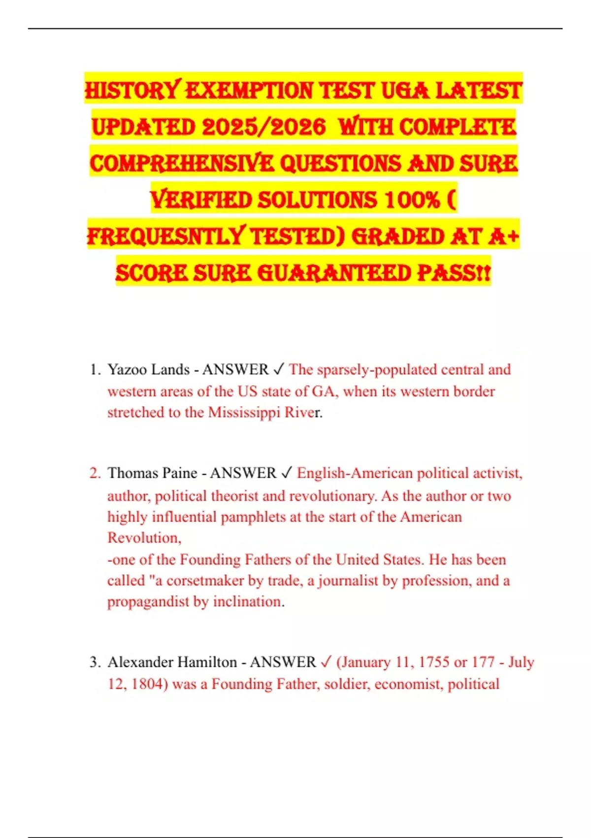 History ExEmption tEst UGA LAtEst UpDAtED 2025/2026 WitH CompLEtE ...