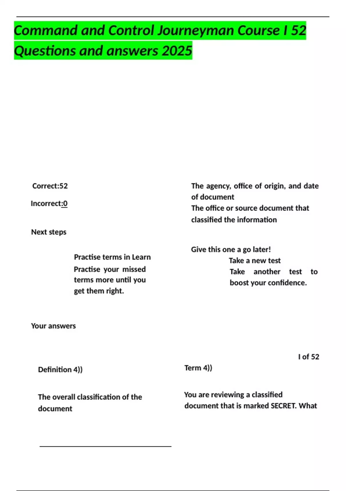 Command and Control Journeyman Course I 52 Questions and answers 2025. - Journeyman - Stuvia US