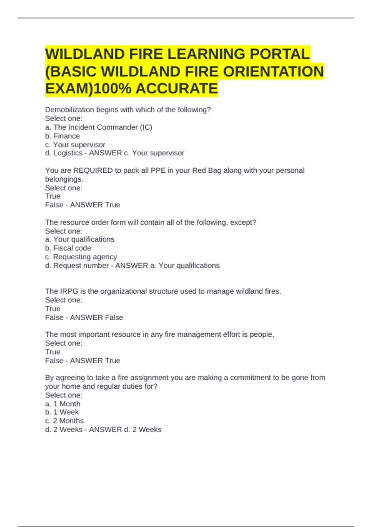 WILDLAND FIRE LEARNING PORTAL (BASIC WILDLAND FIRE ORIENTATION EXAM)100 ...