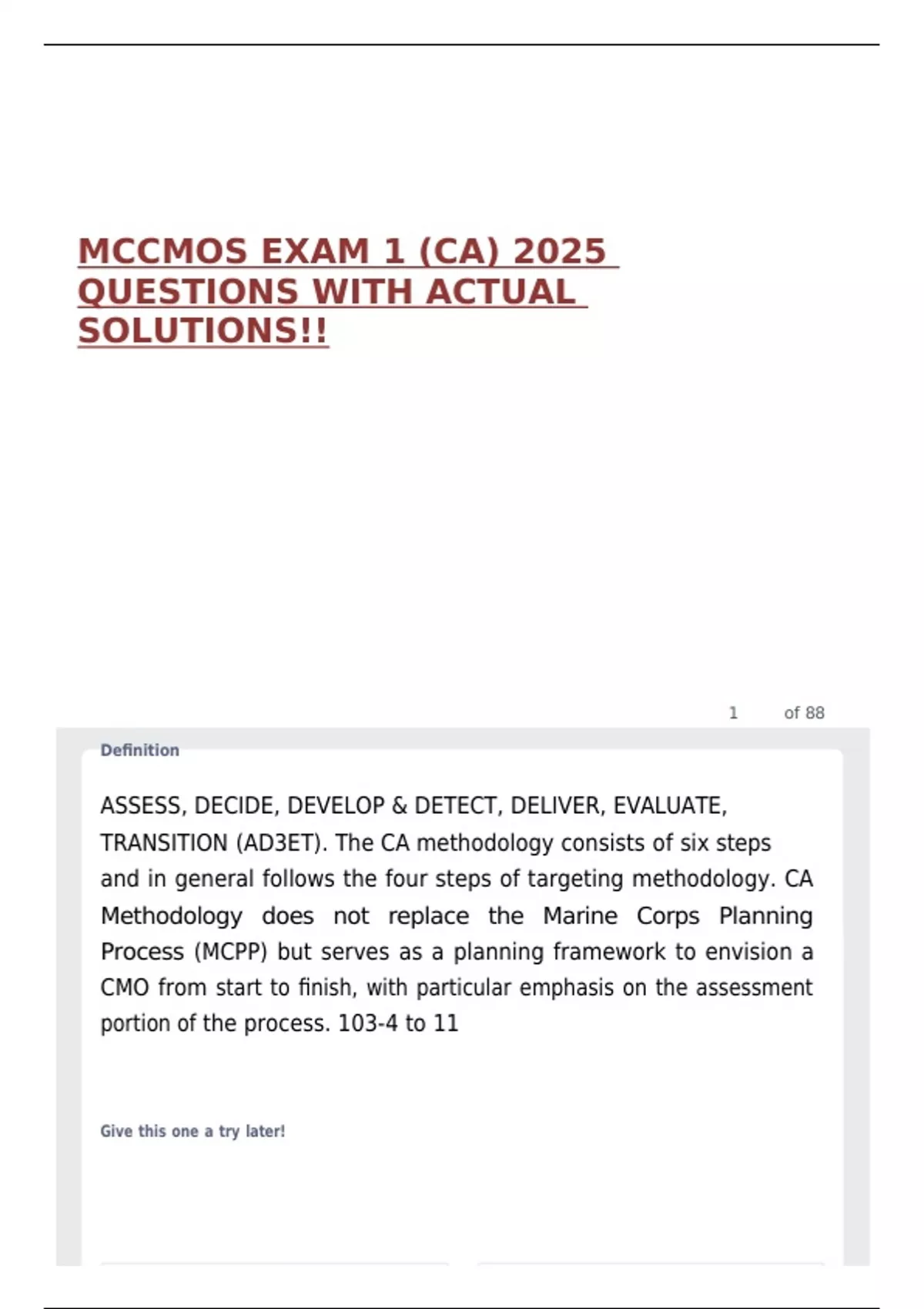 MCCMOS EXAM 1 (CA) 2025 QUESTIONS WITH ACTUAL SOLUTIONS!! - MCCMOS ...