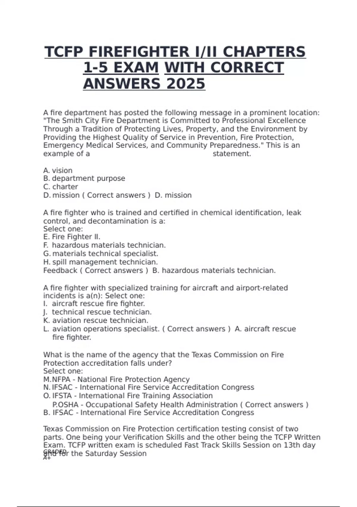 TCFP FIREFIGHTER I/II CHAPTERS 1-5 EXAM WITH CORRECT ANSWERS 2025 - TCFP FIREFIGHTER I/II ...