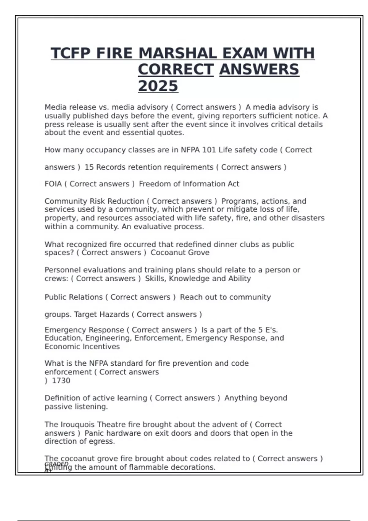 TCFP FIRE MARSHAL EXAM WITH CORRECT ANSWERS 2025 - TCFP FIRE MARSHAL ...
