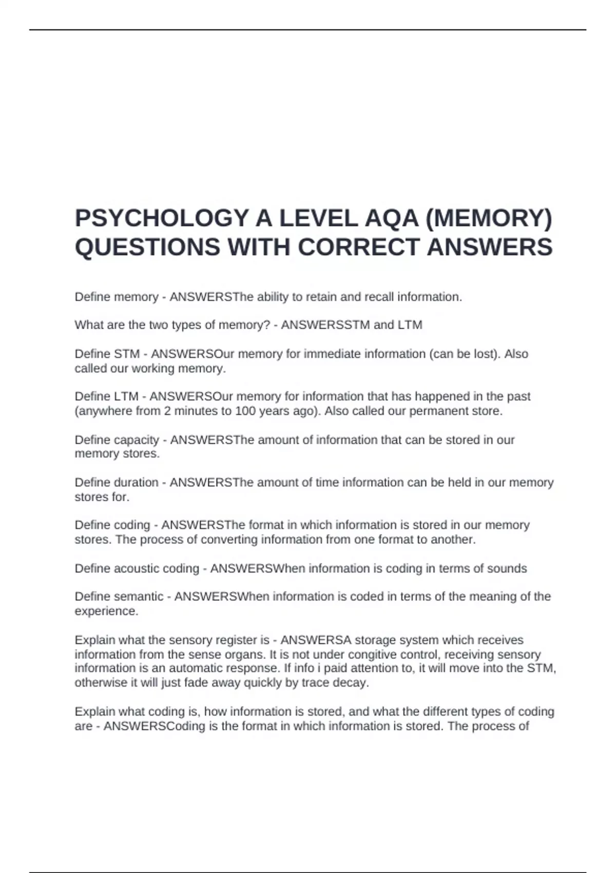 PSYCHOLOGY A LEVEL AQA (MEMORY) QUESTIONS WITH CORRECT ANSWERS ...