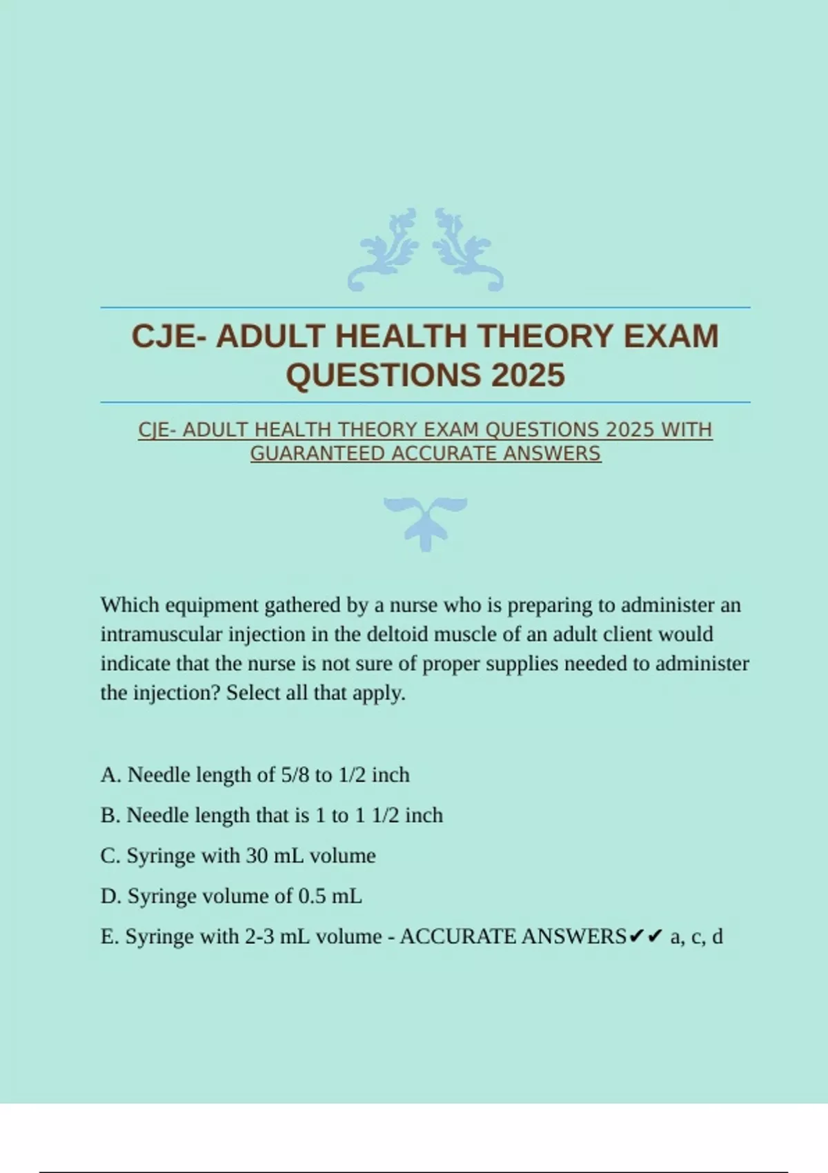 CJE- ADULT HEALTH THEORY EXAM QUESTIONS 2025 WITH GUARANTEED ACCURATE ...