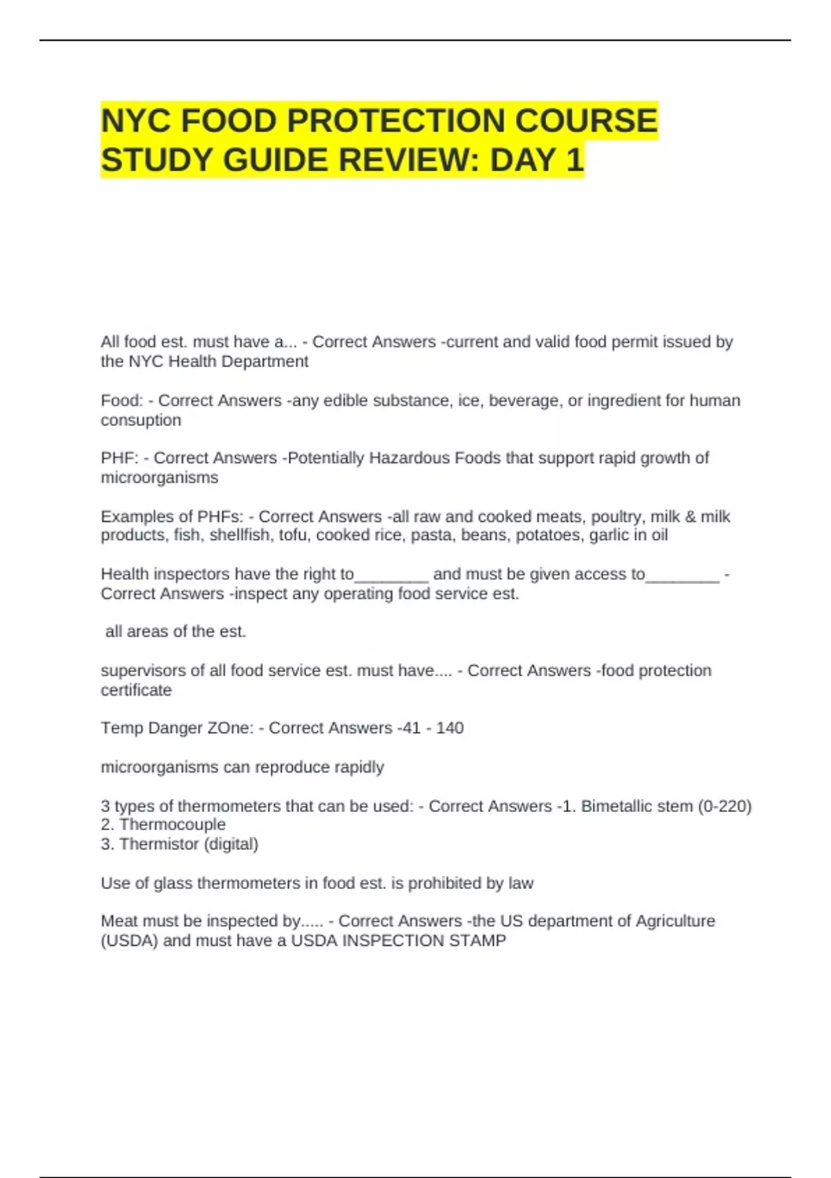 NYC FOOD PROTECTION COURSE STUDY GUIDE REVIEW DAY 1 WITH COMPLETE ...