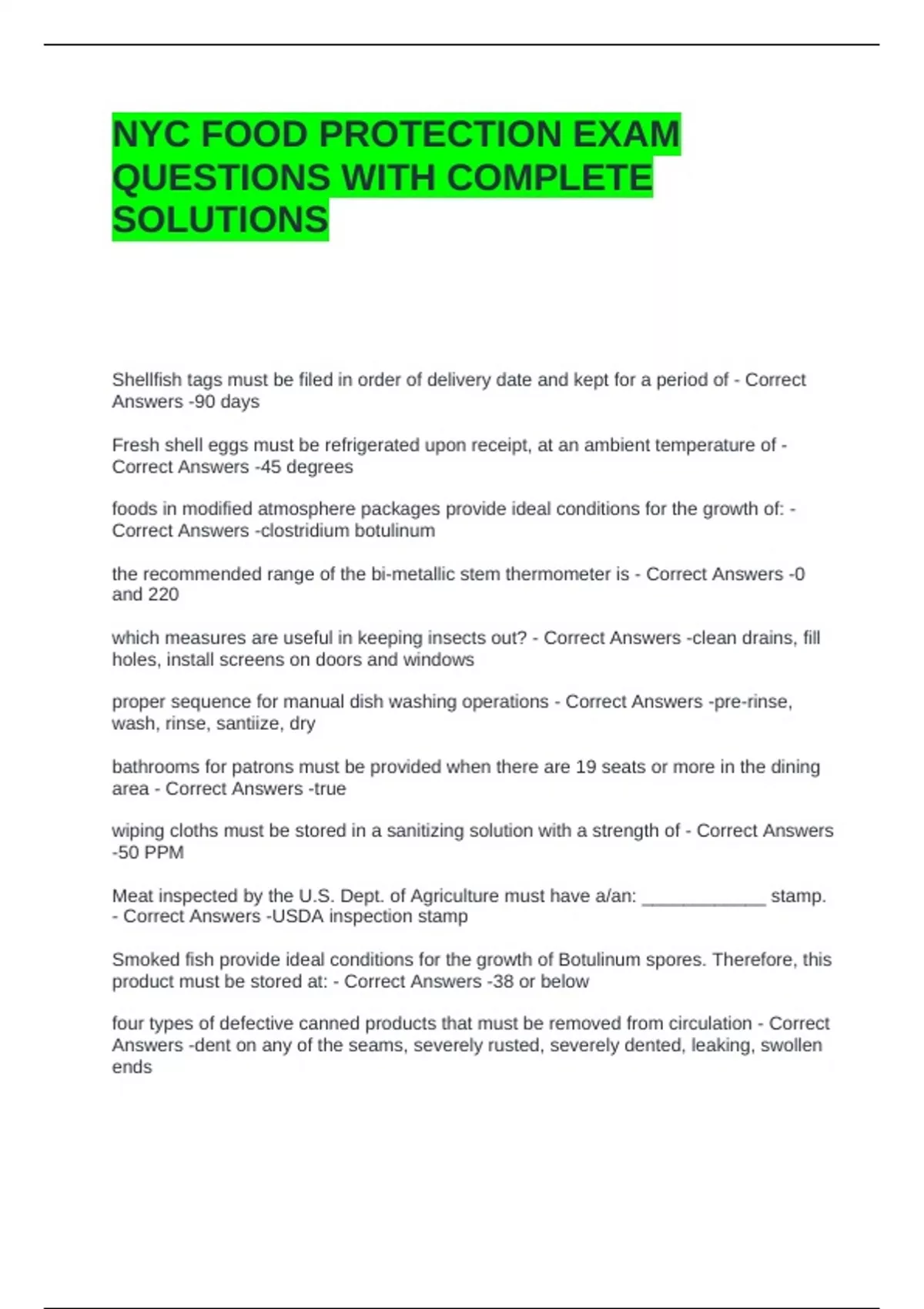 NYC FOOD PROTECTION EXAM QUESTIONS WITH COMPLETE SOLUTIONS - NYC FOOD ...