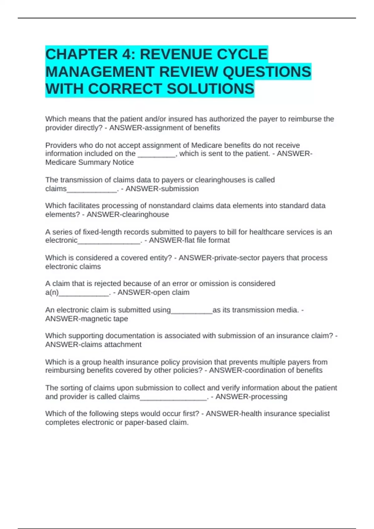 CHAPTER 4: REVENUE CYCLE MANAGEMENT REVIEW QUESTIONS WITH CORRECT ...