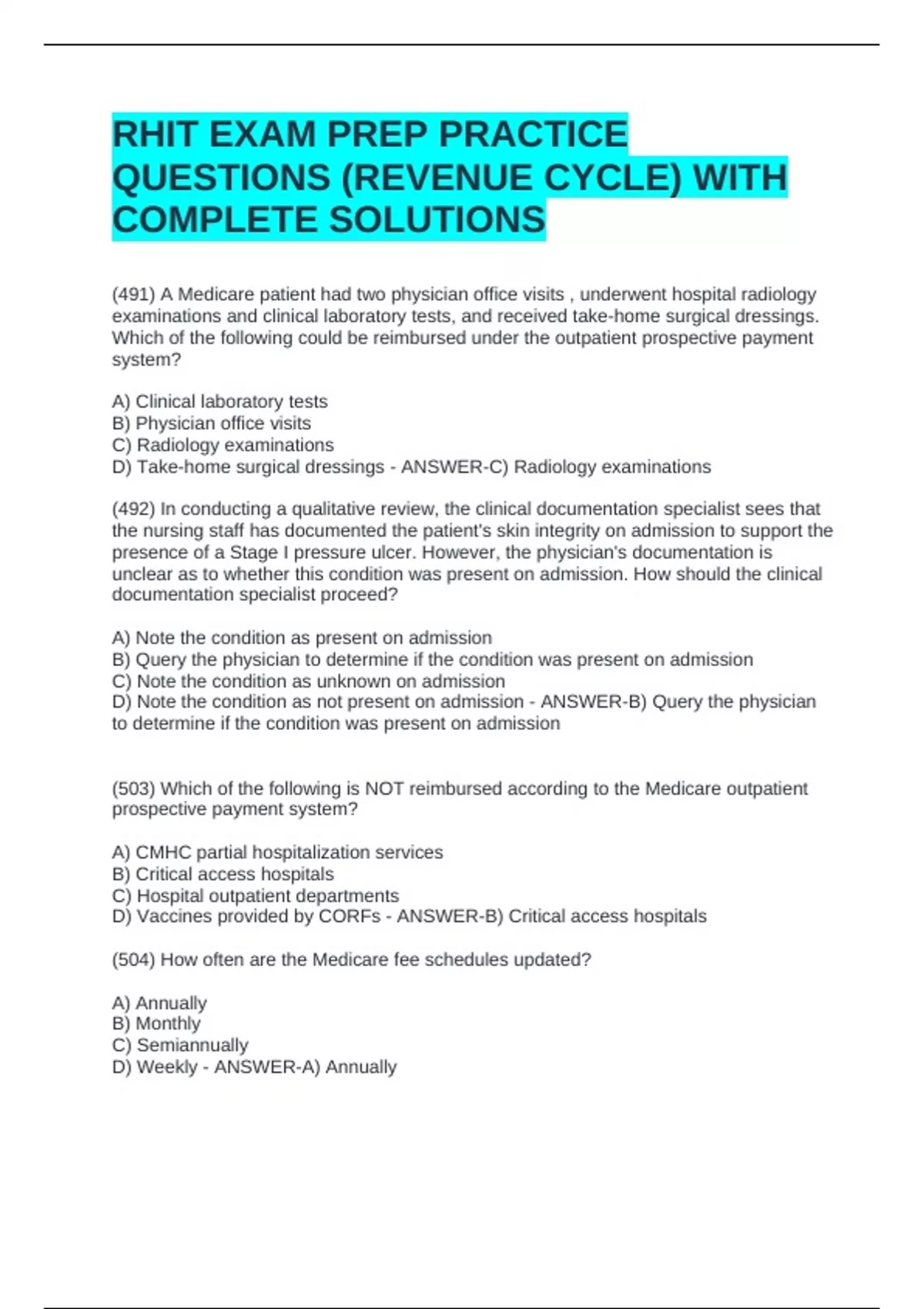 RHIT EXAM PREP PRACTICE QUESTIONS (REVENUE CYCLE) WITH COMPLETE ...