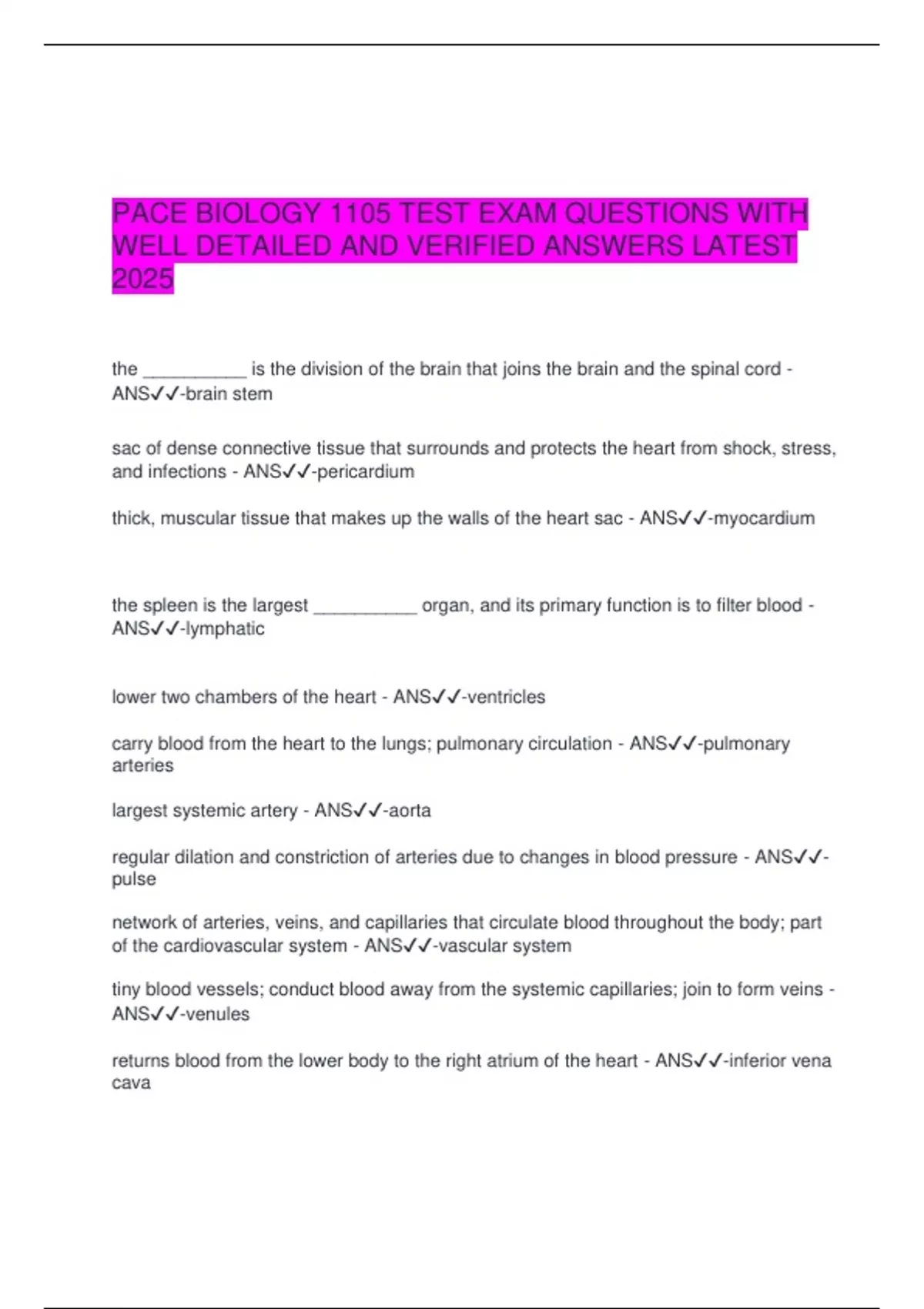PACE BIOLOGY 1105 TEST EXAM QUESTIONS WITH WELL DETAILED AND VERIFIED ...