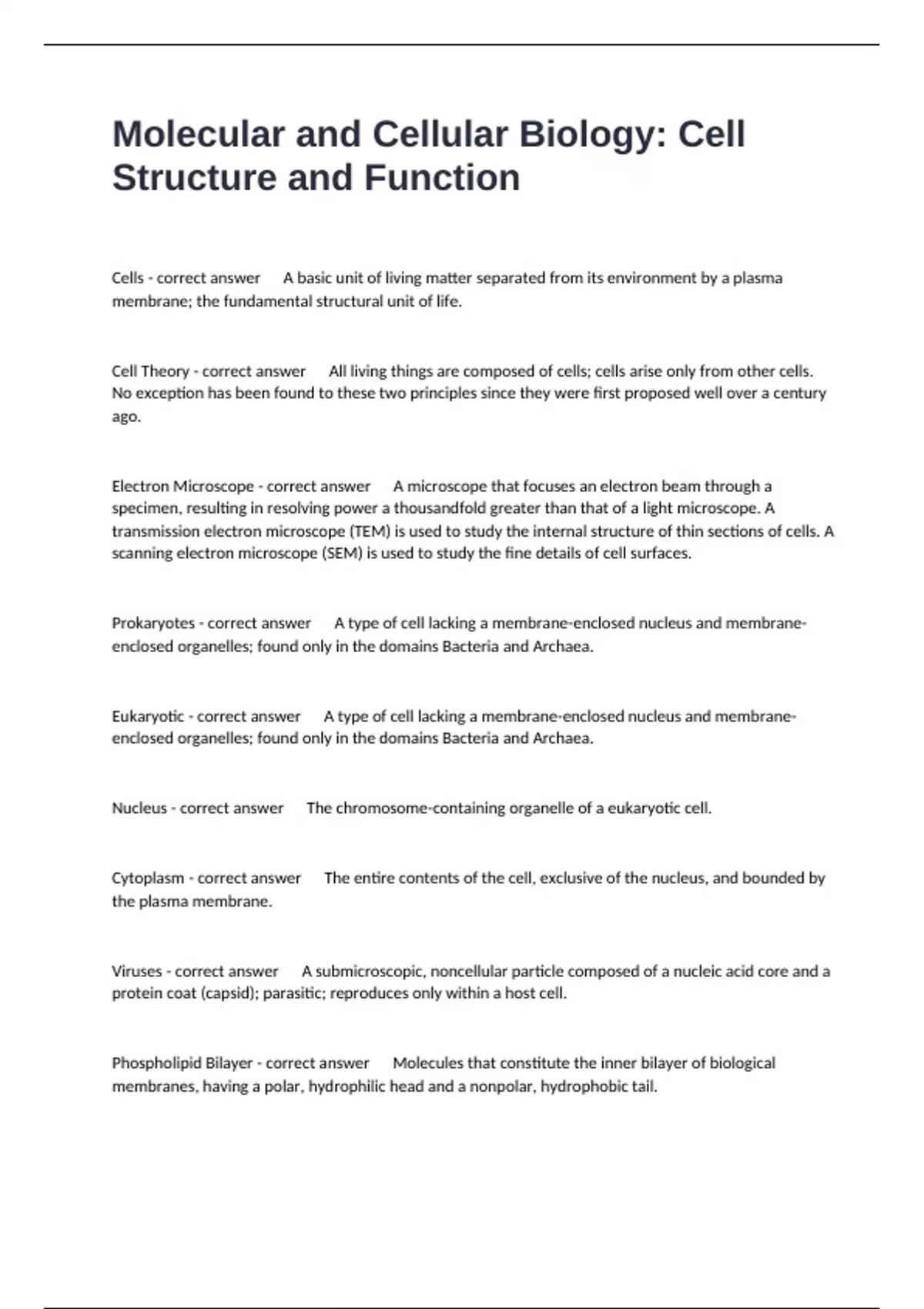 Molecular and Cellular Biology: Cell Structure and Function Proctored ...