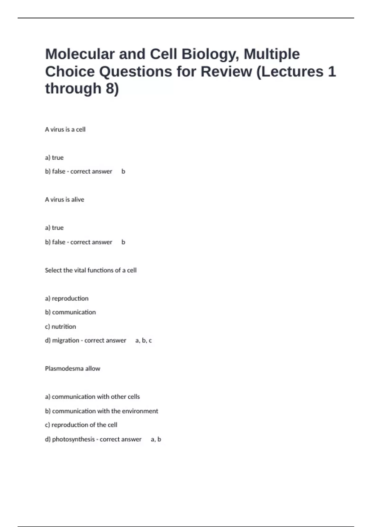 Molecular and Cell Biology, Multiple Choice Questions for Review ...