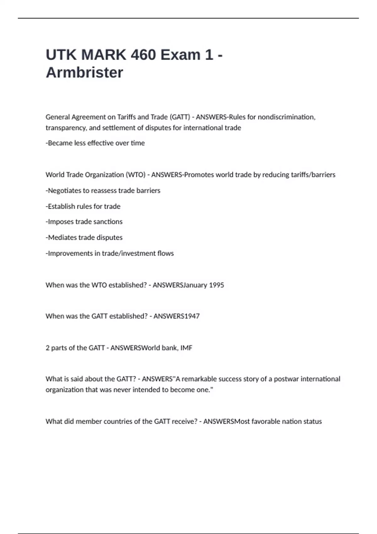 UTK MARK 460 Exam 1 - Armbrister - UTK - Stuvia US