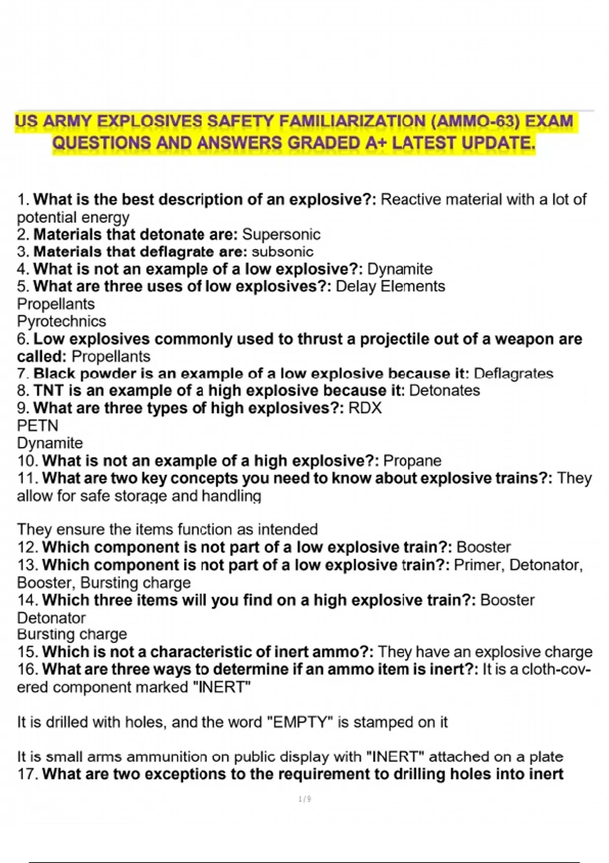 US ARMY EXPLOSIVES SAFETY FAMILIARIZATION (AMMO-63) EXAM QUESTIONS AND ...