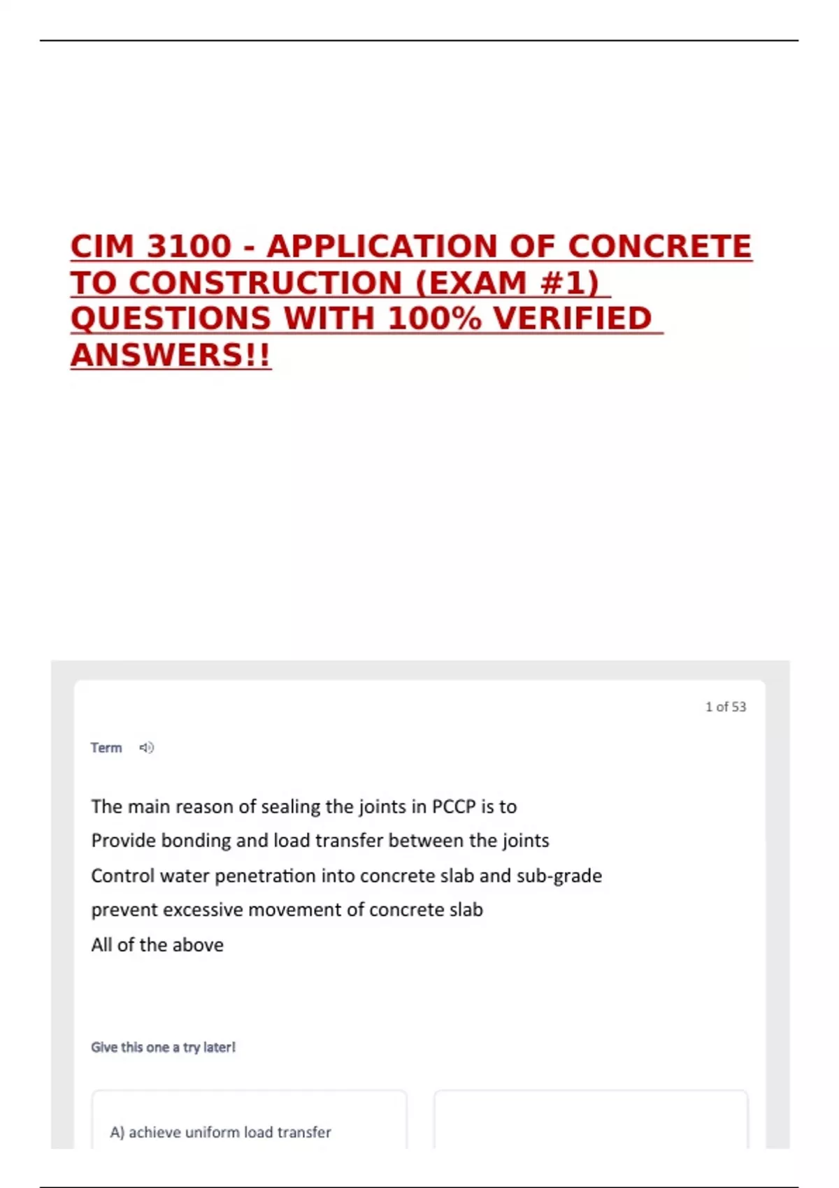 CIM 3100 - APPLICATION OF CONCRETE TO CONSTRUCTION (EXAM #1) QUESTIONS ...