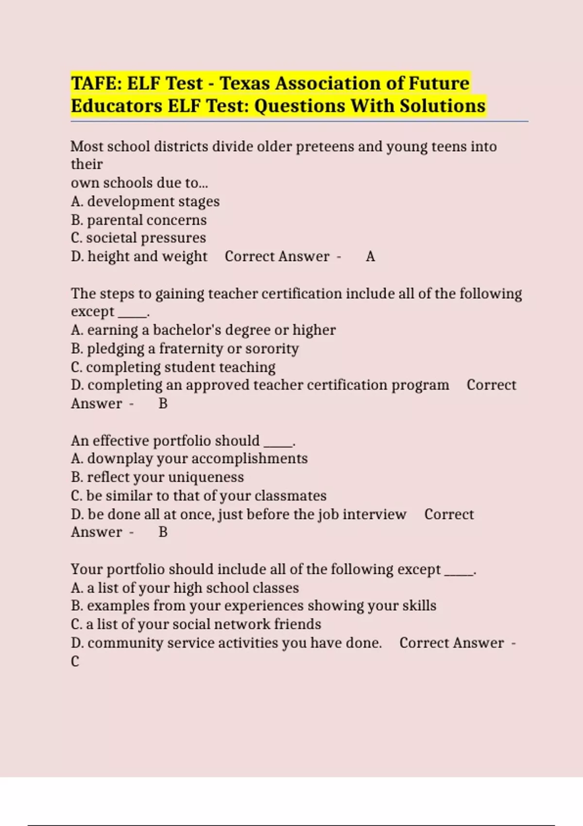 TAFE: ELF Test - Texas Association of Future Educators ELF Test ...