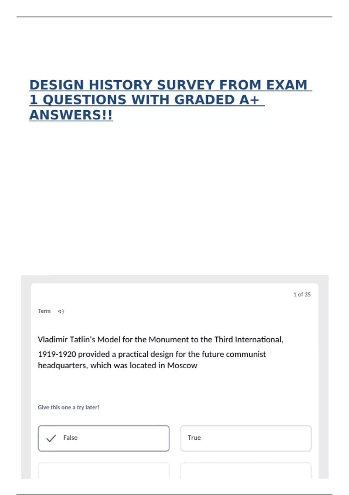 DESIGN HISTORY SURVEY FROM EXAM 1 QUESTIONS WITH GRADED A+ ANSWERS ...