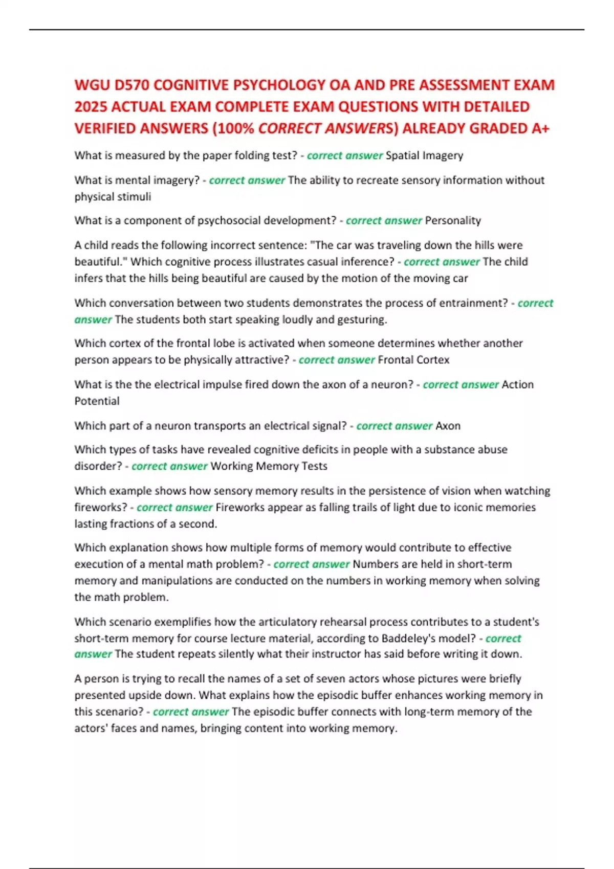 WGU D570 COGNITIVE PSYCHOLOGY OA AND PRE ASSESSMENT EXAM 2025 ACTUAL ...