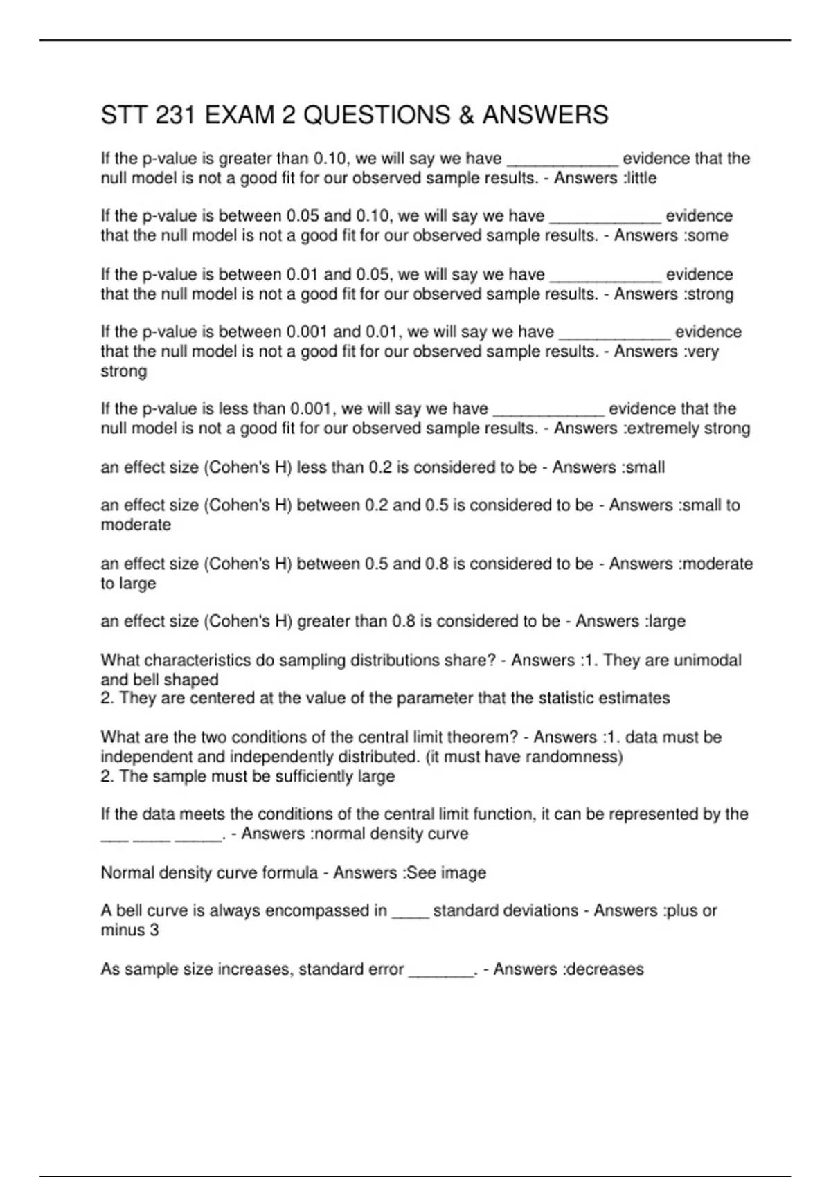 STT 231 EXAM 2 QUESTIONS & ANSWERS - STT 231 - Stuvia US