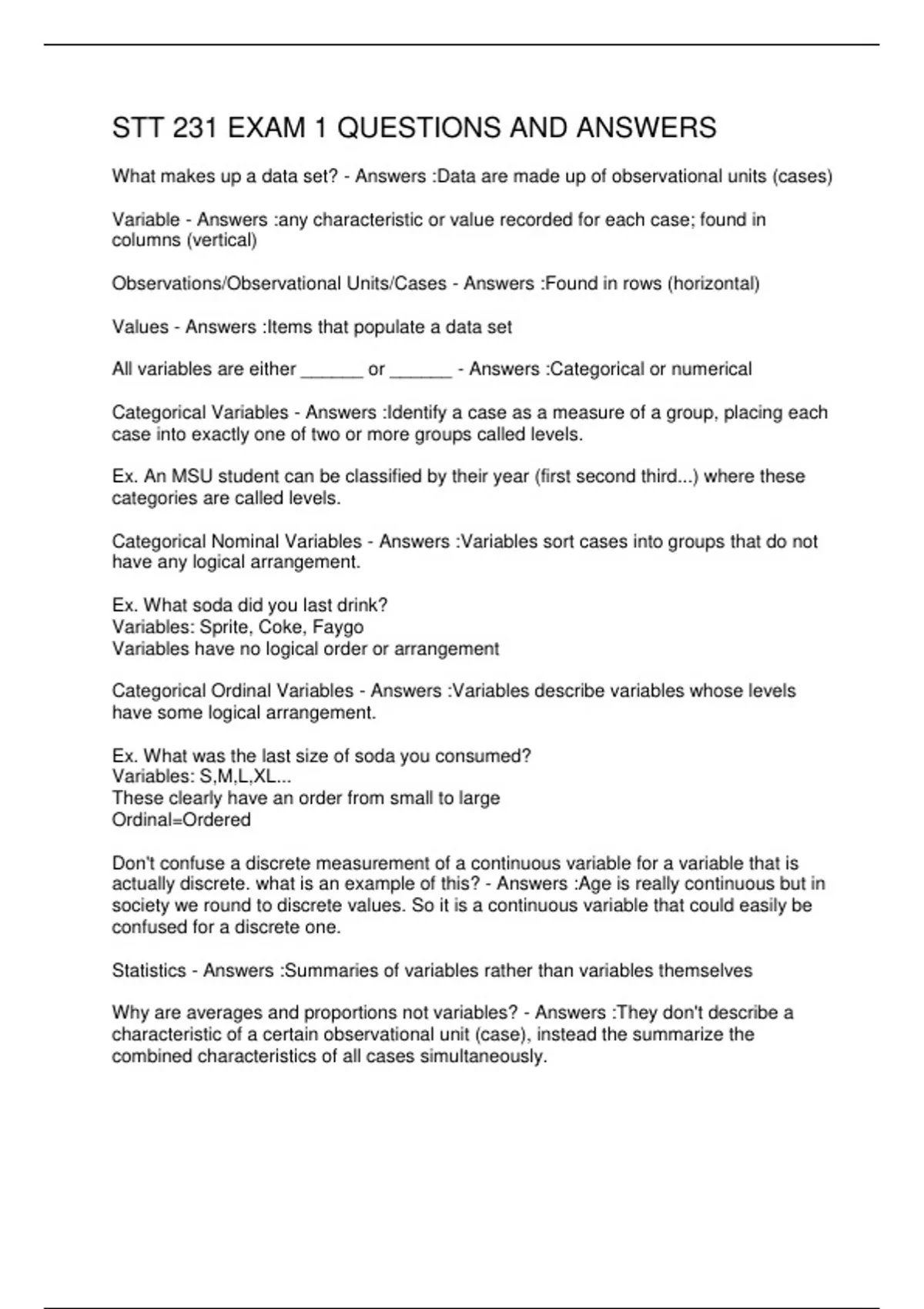 STT 231 EXAM 1 QUESTIONS AND ANSWERS - STT 231 - Stuvia US