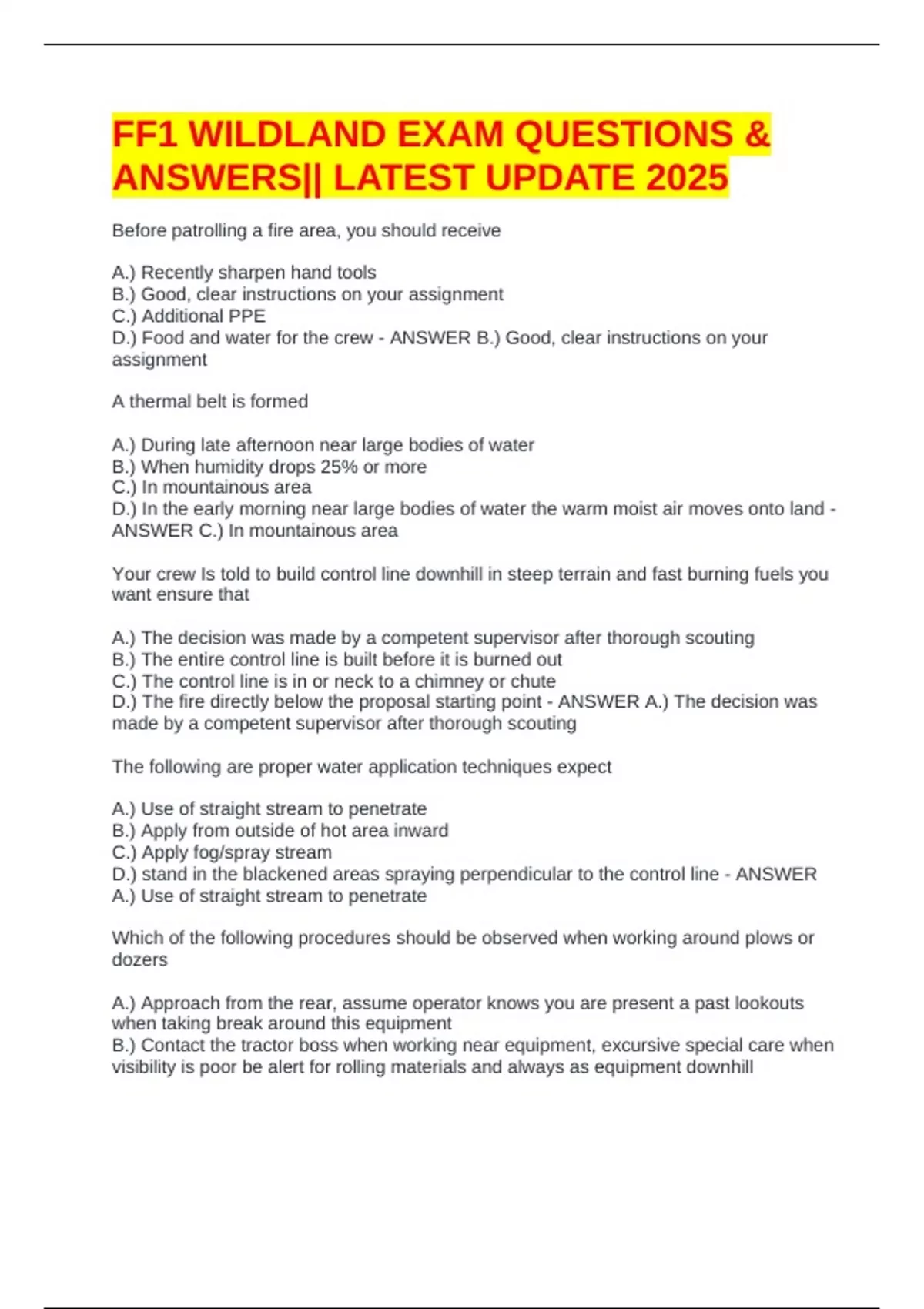 FF1 WILDLAND EXAM QUESTIONS & ANSWERS|| LATEST UPDATE 2025 - Basic ...