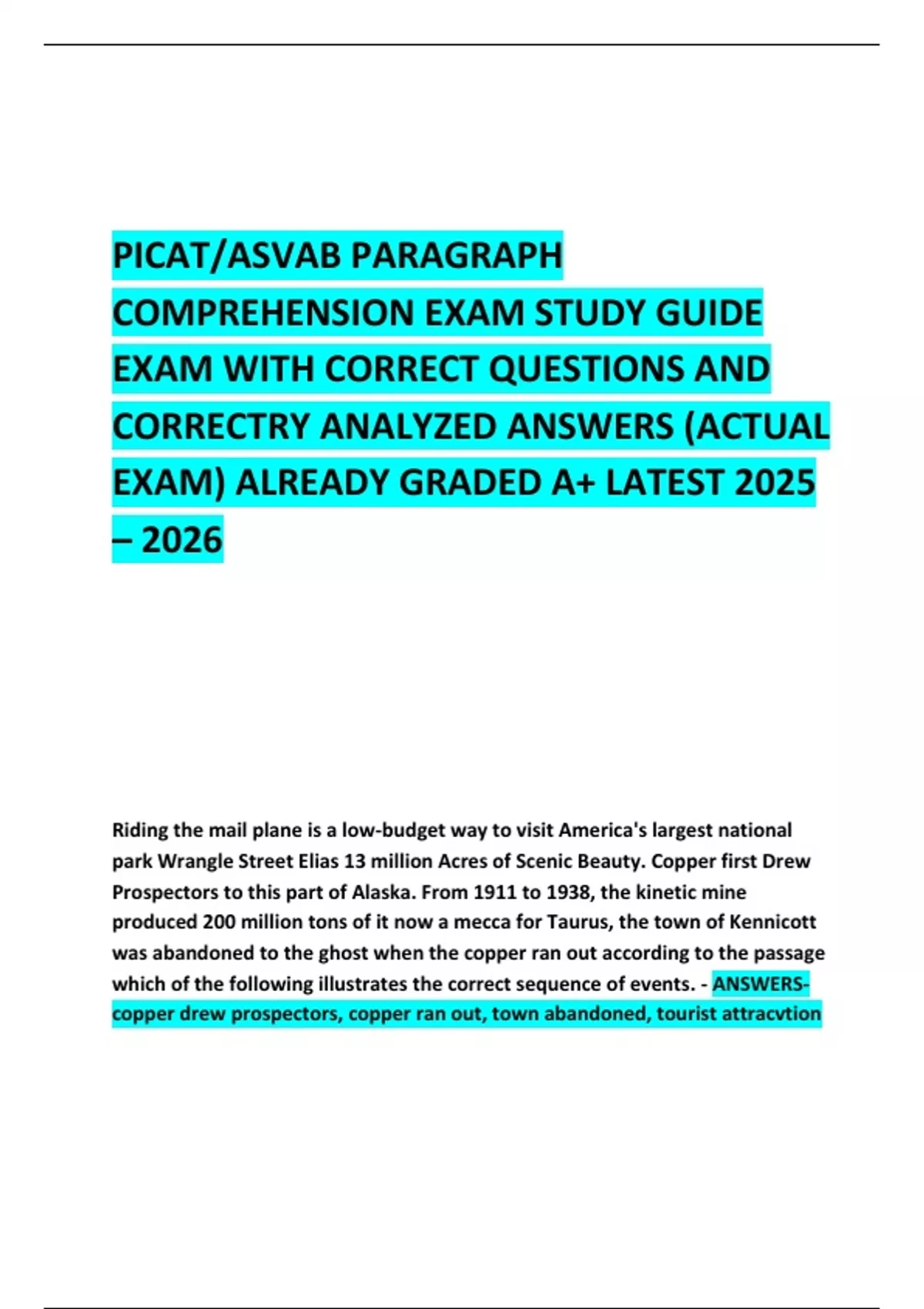 PICAT/ASVAB PARAGRAPH COMPREHENSION EXAM STUDY GUIDE EXAM WITH CORRECT ...