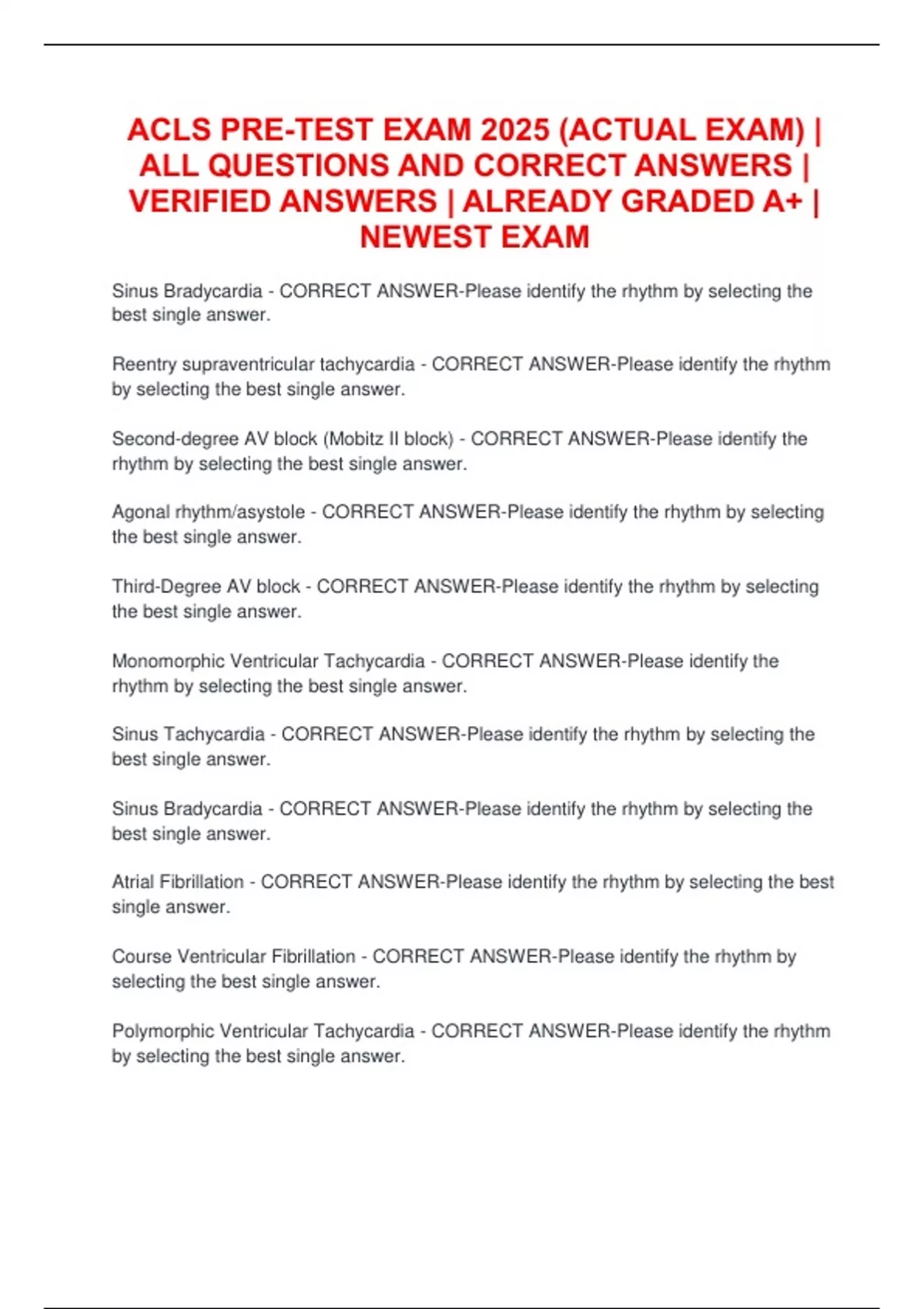 ACLS PRE-TEST EXAM 2025 (ACTUAL EXAM) | ALL QUESTIONS AND CORRECT ...