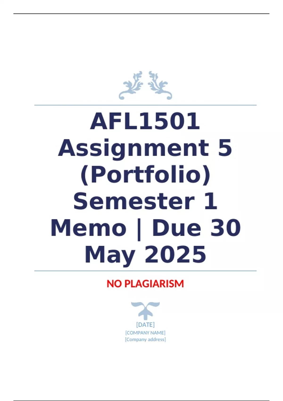 AFL1501 Assignment 5 (Portfolio) Semester 1 Memo | Due 30 May 2025 ...