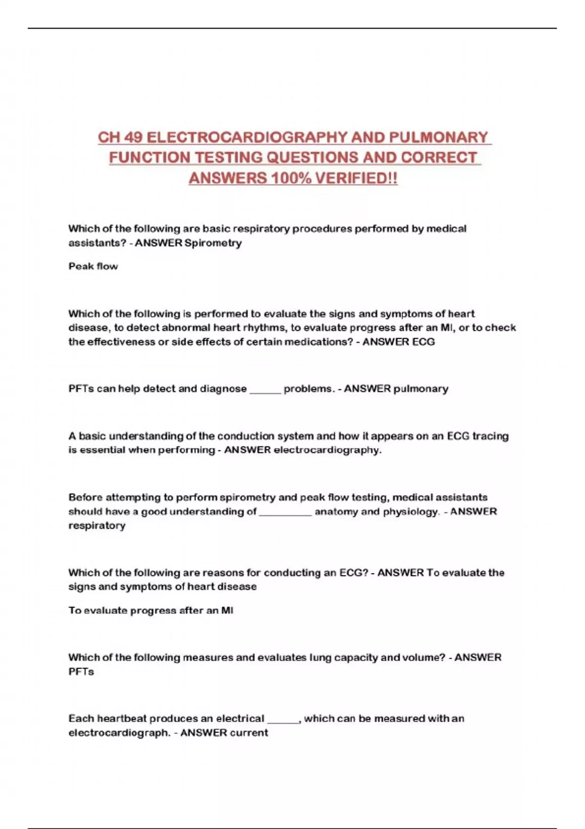 CH 49 ELECTROCARDIOGRAPHY AND PULMONARY FUNCTION TESTING QUESTIONS AND ...