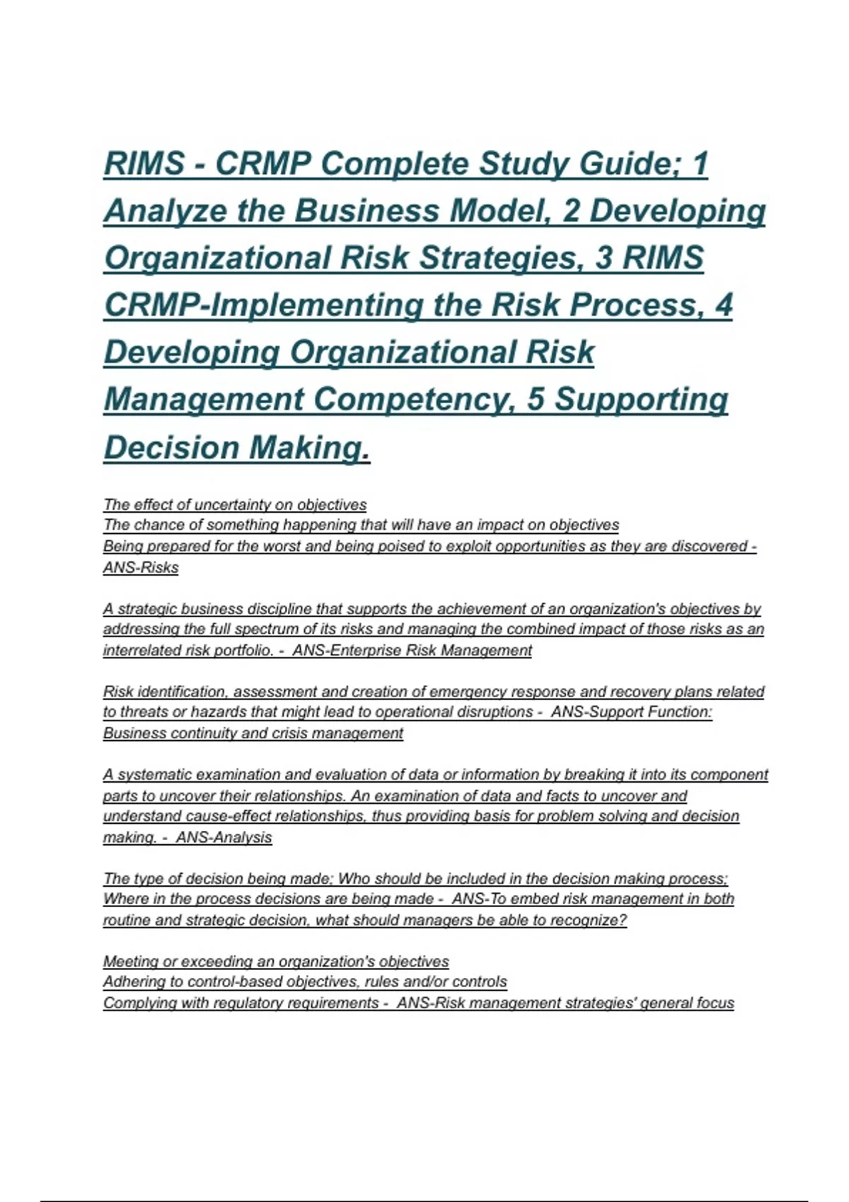 RIMS - CRMP Complete Study Guide; 1 Analyze the Business Model, 2 ...