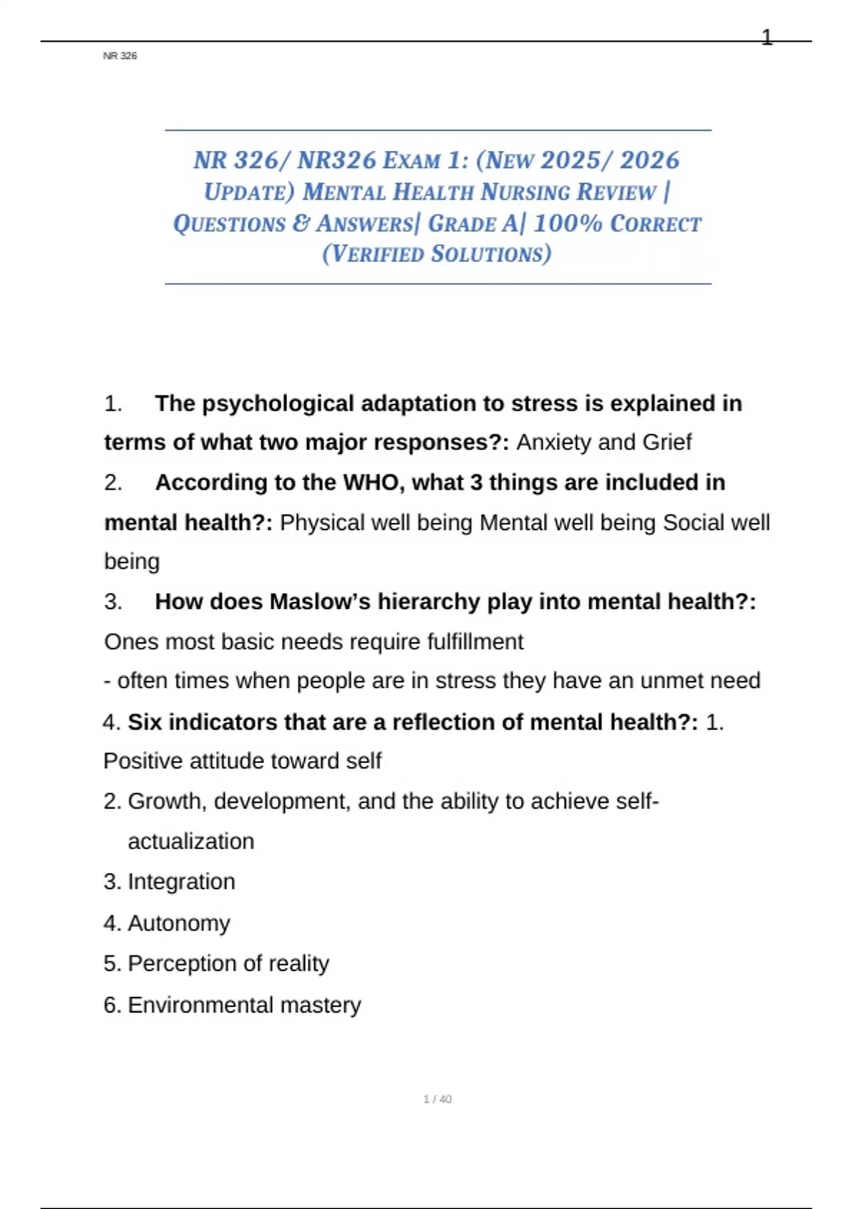 NR 326/ NR326 EXAM 1: (NEW 2025/ 2026 UPDATE) MENTAL HEALTH NURSING REVIEW | QUESTIONS & ANSWERS ...