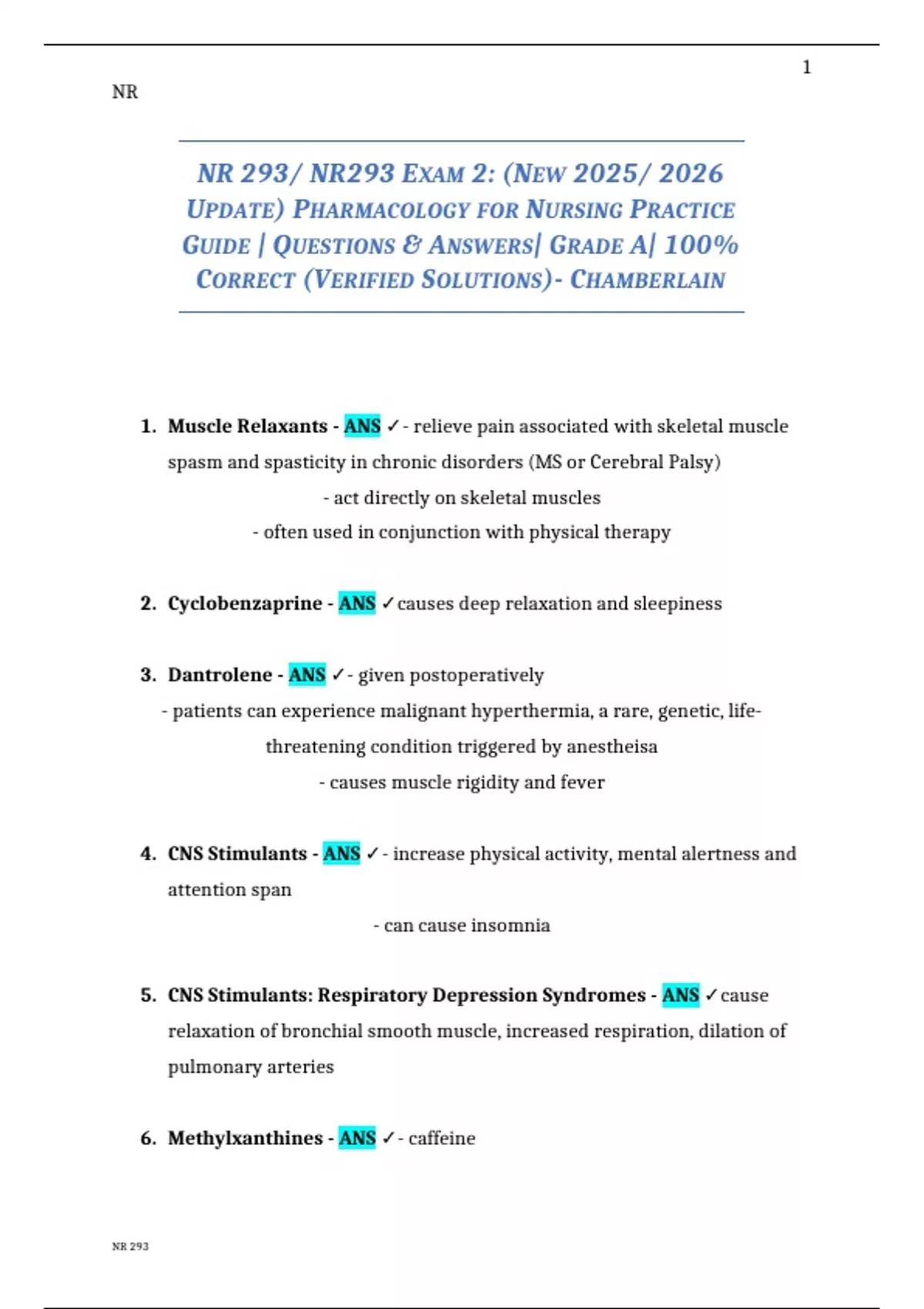 NR 293/ NR293 EXAM 2: (NEW 2025/ 2026 UPDATE) PHARMACOLOGY FOR NURSING ...