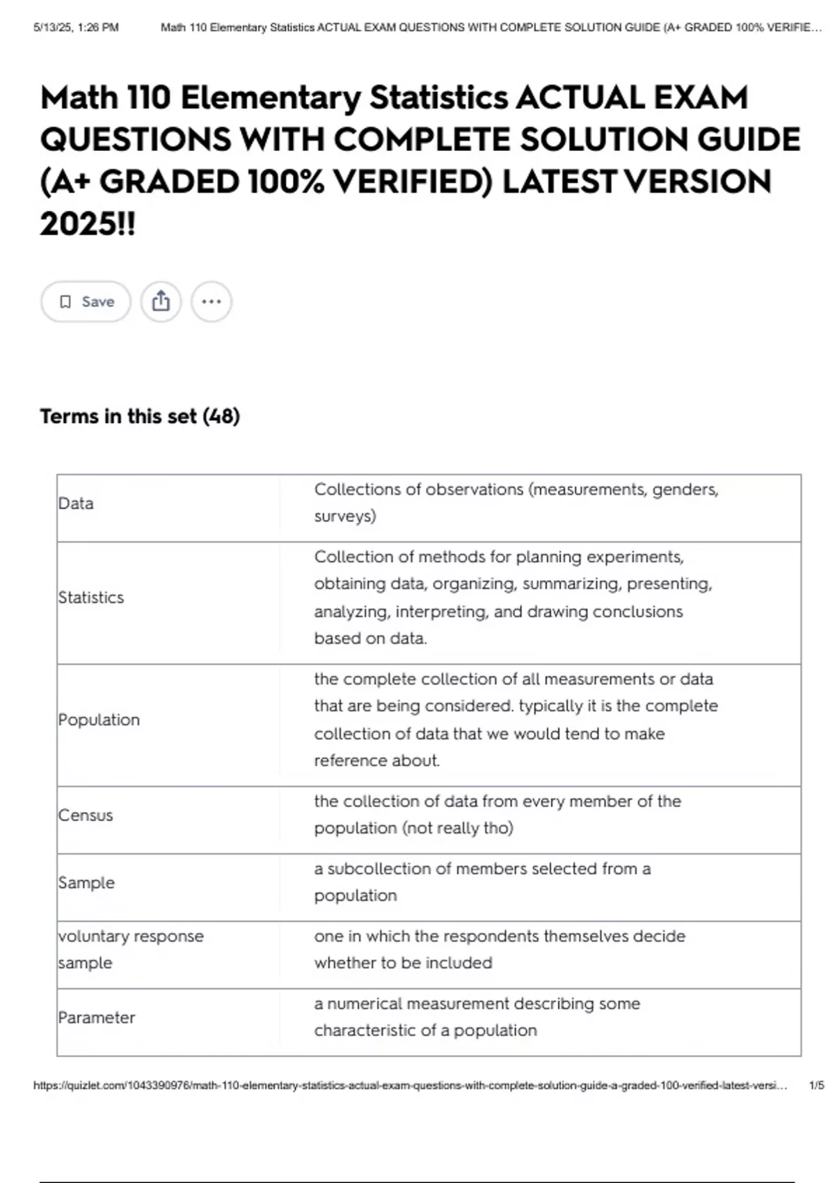 Math 110 Elementary Statistics ACTUAL EXAM QUESTIONS WITH COMPLETE SOLUTION GUIDE (A+ GRADED 100 ...