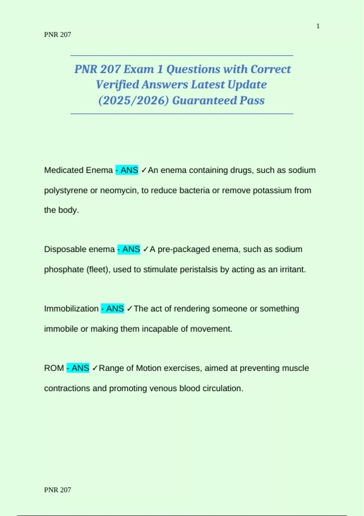 PNR 207 Exam 1 Questions with Correct Verified Answers Latest Update ...