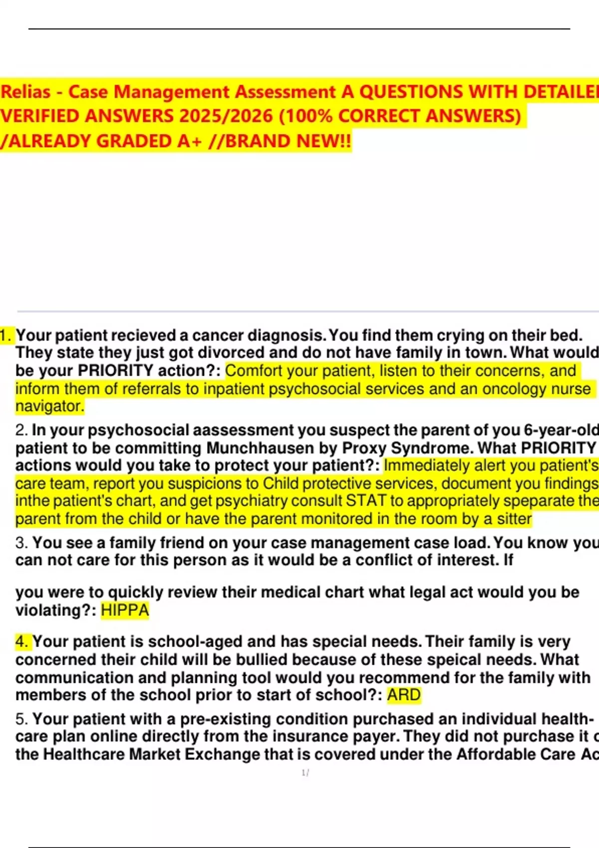 Relias - Case Management Assessment A QUESTIONS WITH DETAILED VERIFIED ...
