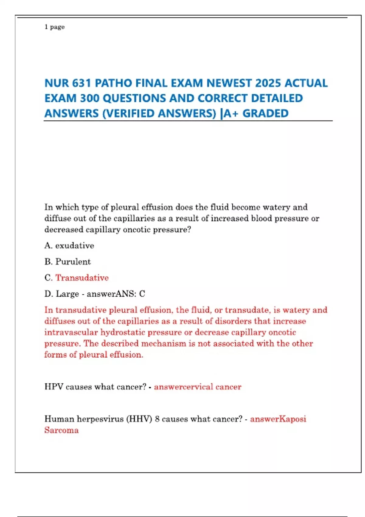 NUR 631 PATHO FINAL EXAM NEWEST 2025 ACTUAL EXAM 300 QUESTIONS AND CORRECT DETAILED ANSWERS ...