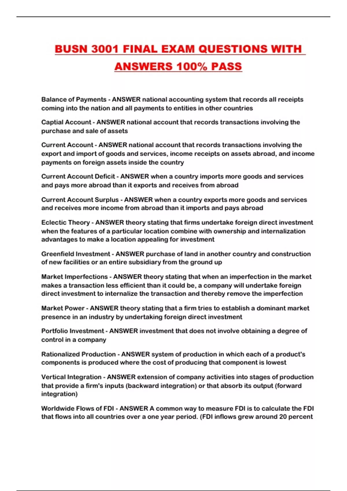 BUSN 3001 FINAL EXAM QUESTIONS WITH ANSWERS 100% PASS - BUSN 3001 - Stuvia US