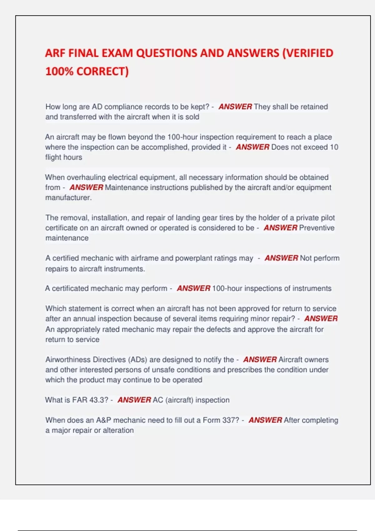 ARF FINAL EXAM QUESTIONS AND ANSWERS (VERIFIED 100% CORRECT) - ARF - Stuvia US